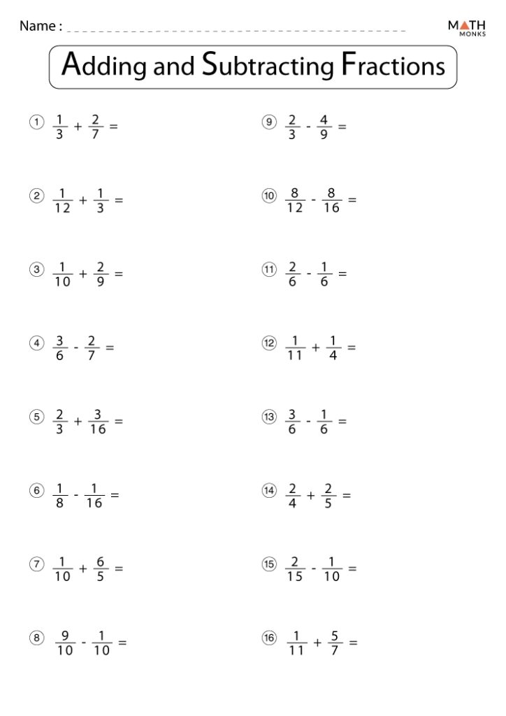 Addition And Subtraction Of Fractions Worksheets - Download Free ...