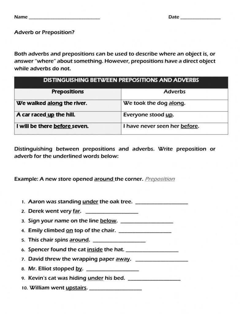 Preposition Worksheet With Answers - Download Free Printable Templates