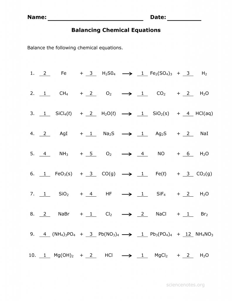 Science Balancing Equations Worksheet - Download Free Printable Templates