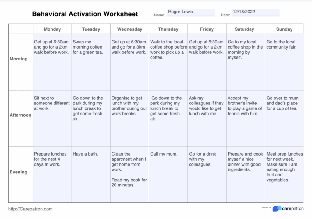 Behavioral Activation Worksheet - Download Free Printable Templates