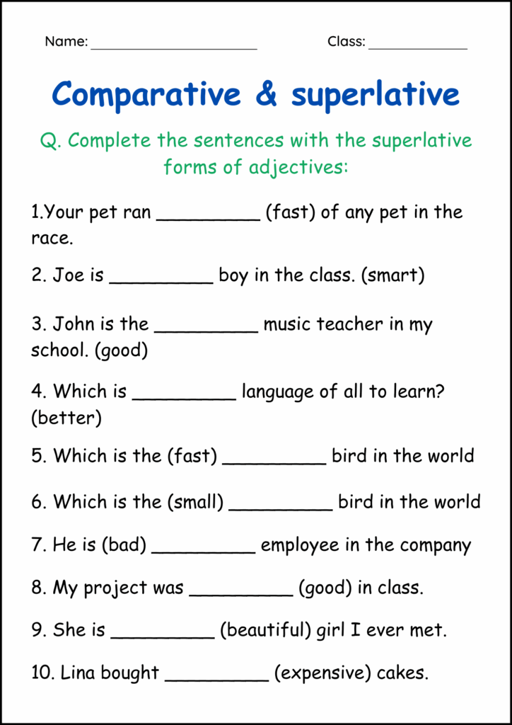 Comparative And Superlative Adjectives Worksheet - Download Free ...