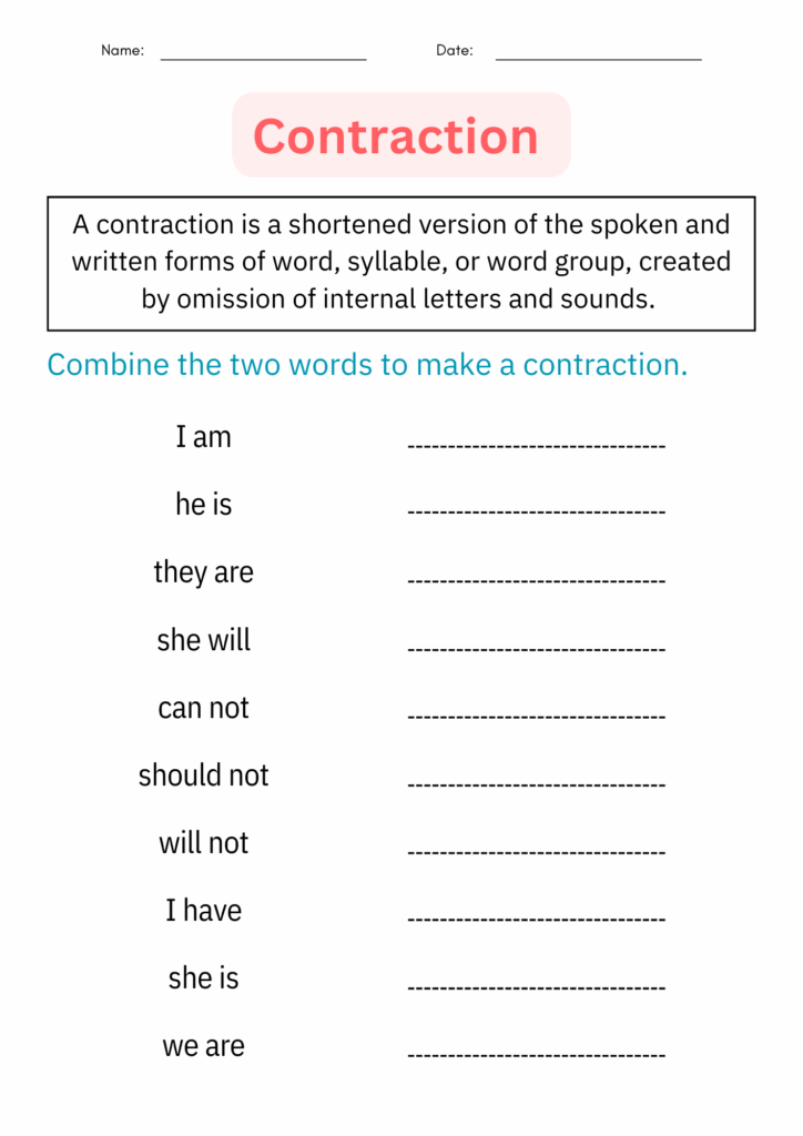 Contractions Worksheet - Download Free Printable Templates