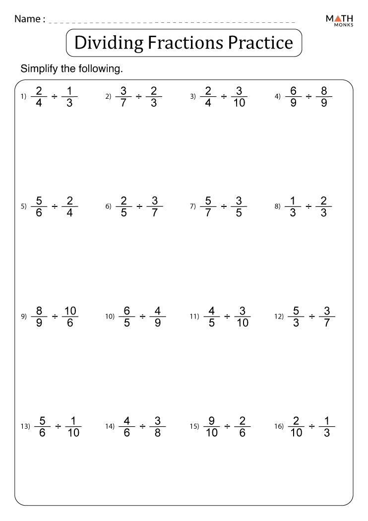 Dividing Fractions Worksheets - Download Free Printable Templates