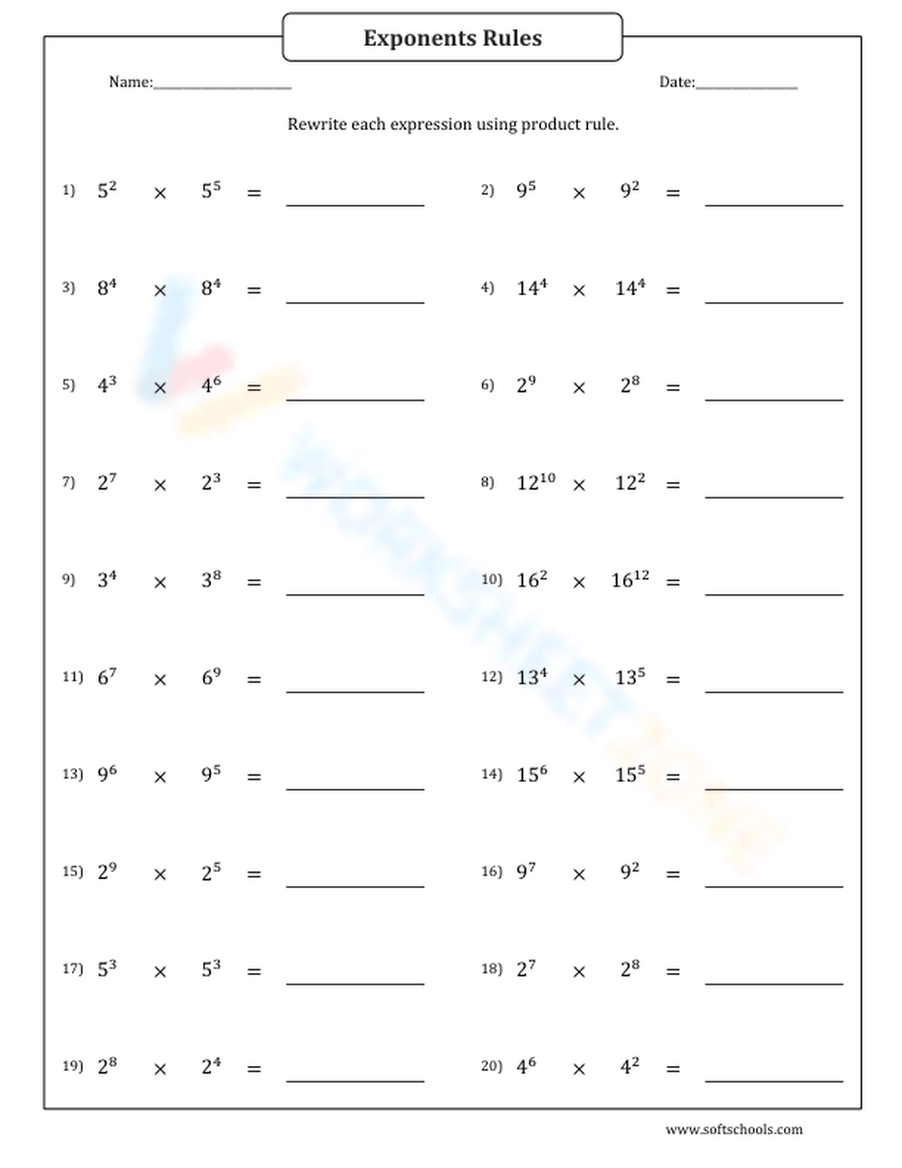 Exponent Rules Worksheet - Download Free Printable Templates