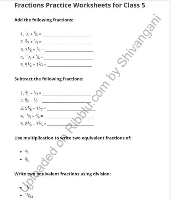 Fraction Class 5 - Download Free Printable Templates