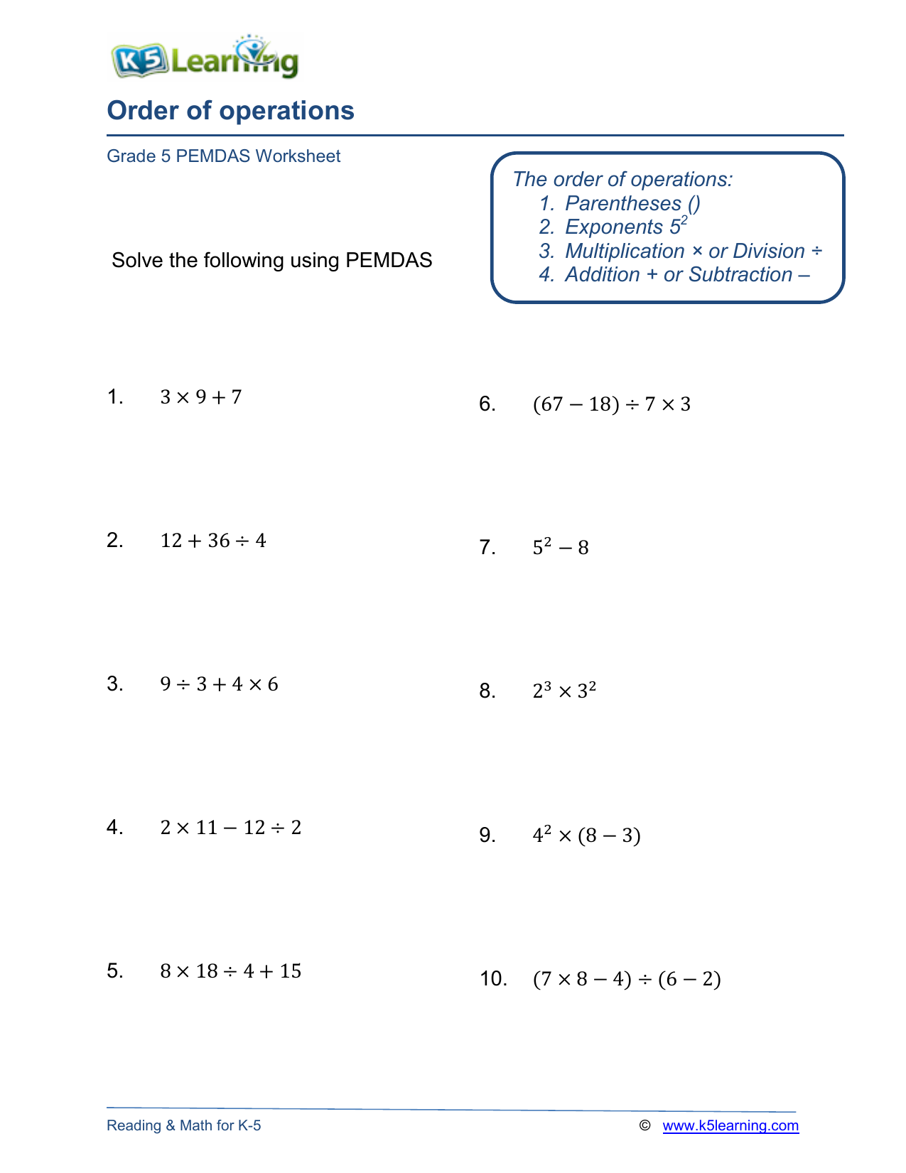 Order Of Operations Worksheet Pdf - Download Free Printable Templates
