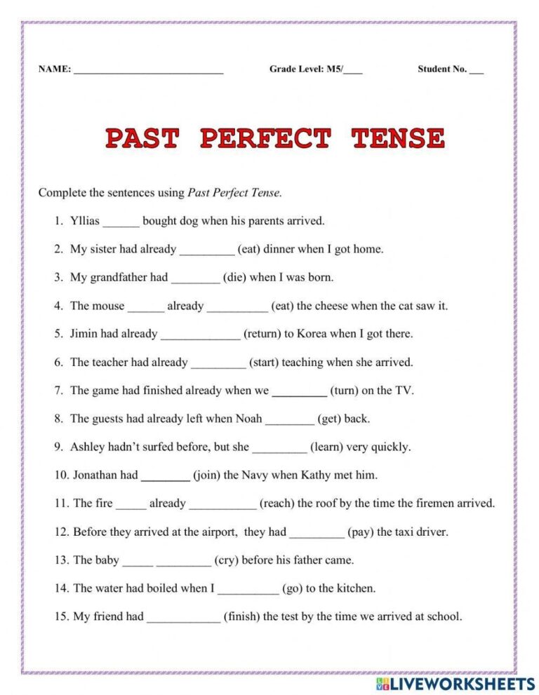 Past Perfect Tense Worksheet - Download Free Printable Templates