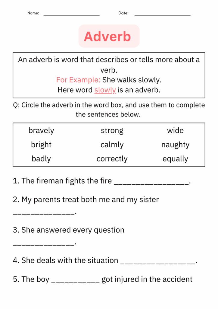 Adverbs Worksheet - Download Free Printable Templates
